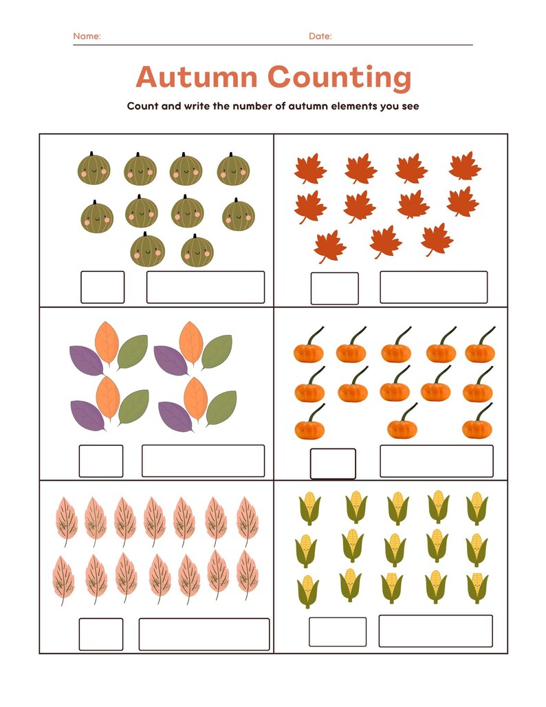 Autumn Counting Worksheet: Preschool and Kindergarten Fall Math ...
