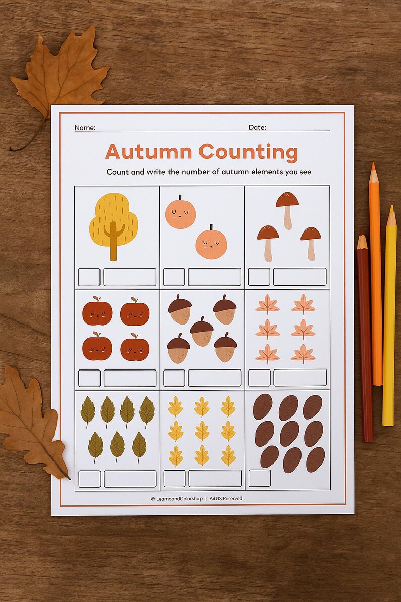 Autumn Counting Worksheet: Preschool and Kindergarten Fall Math ...