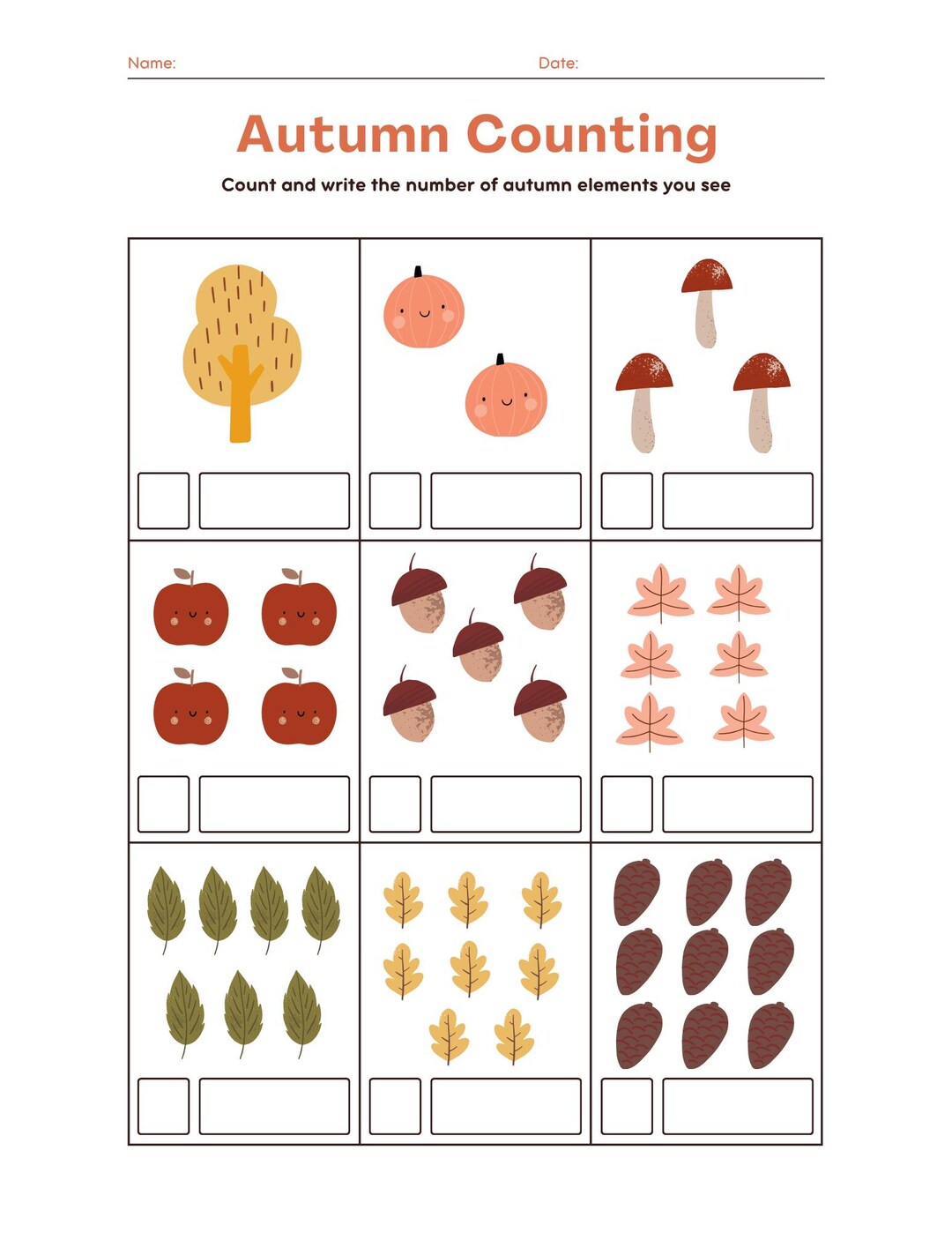 Autumn Counting Worksheet: Preschool and Kindergarten Fall Math ...