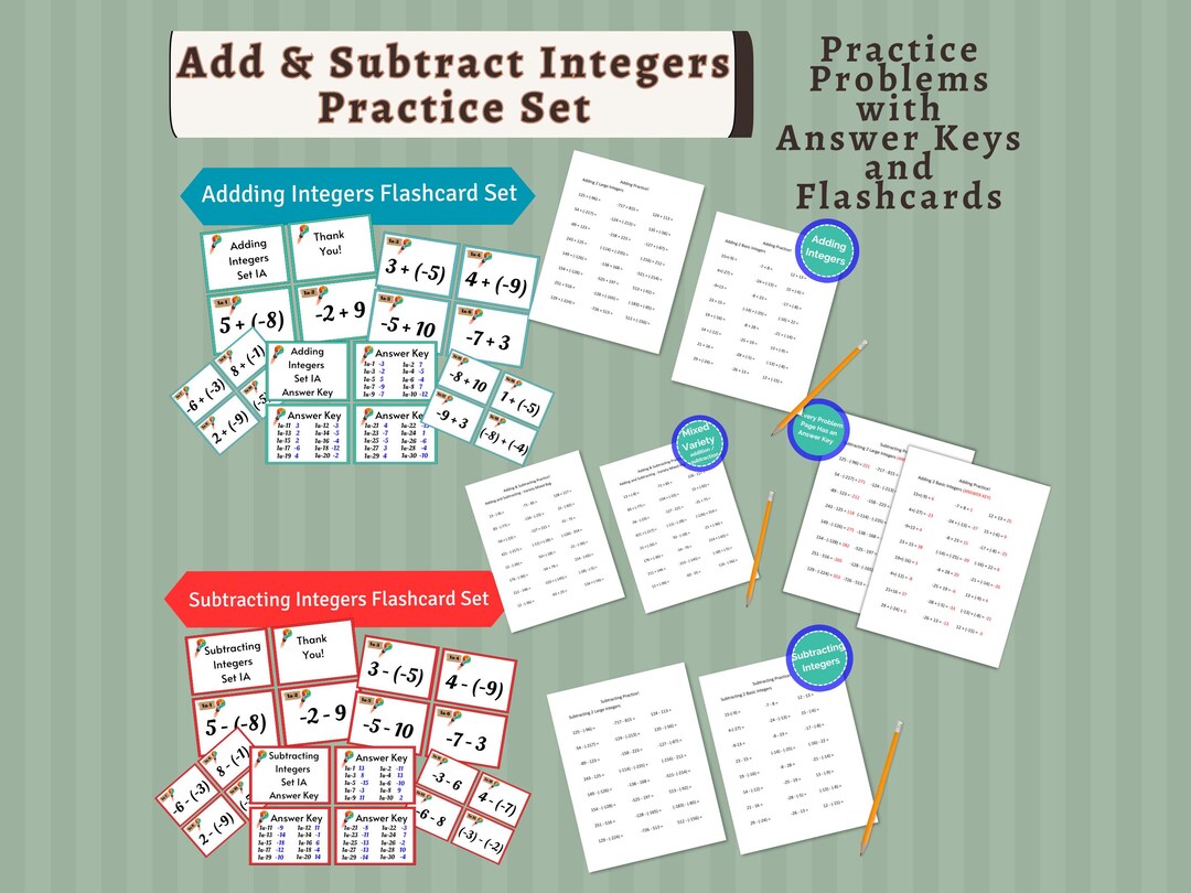 Add & Subtract Integers: Worksheets and Flashcards Bundle, Middle ...