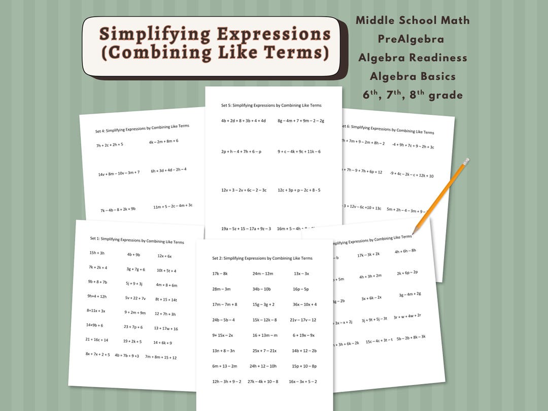 Simplifying Expressions Worksheets: Combining Like Terms, Middle School ...