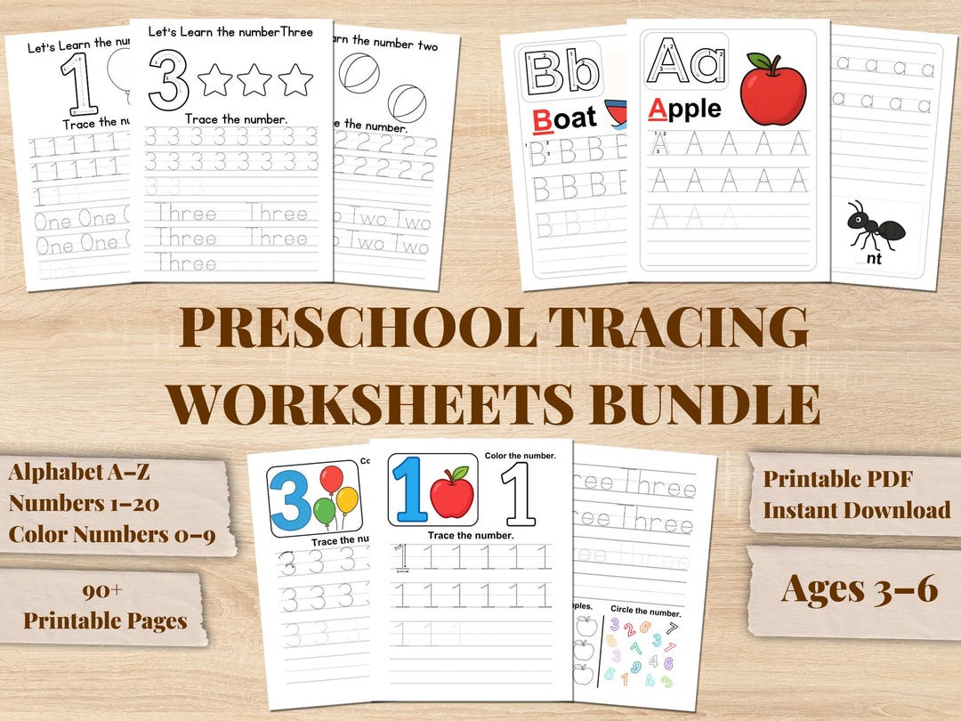 Preschool Tracing Worksheets Bundle – Alphabet, Numbers 1-20, Color ...