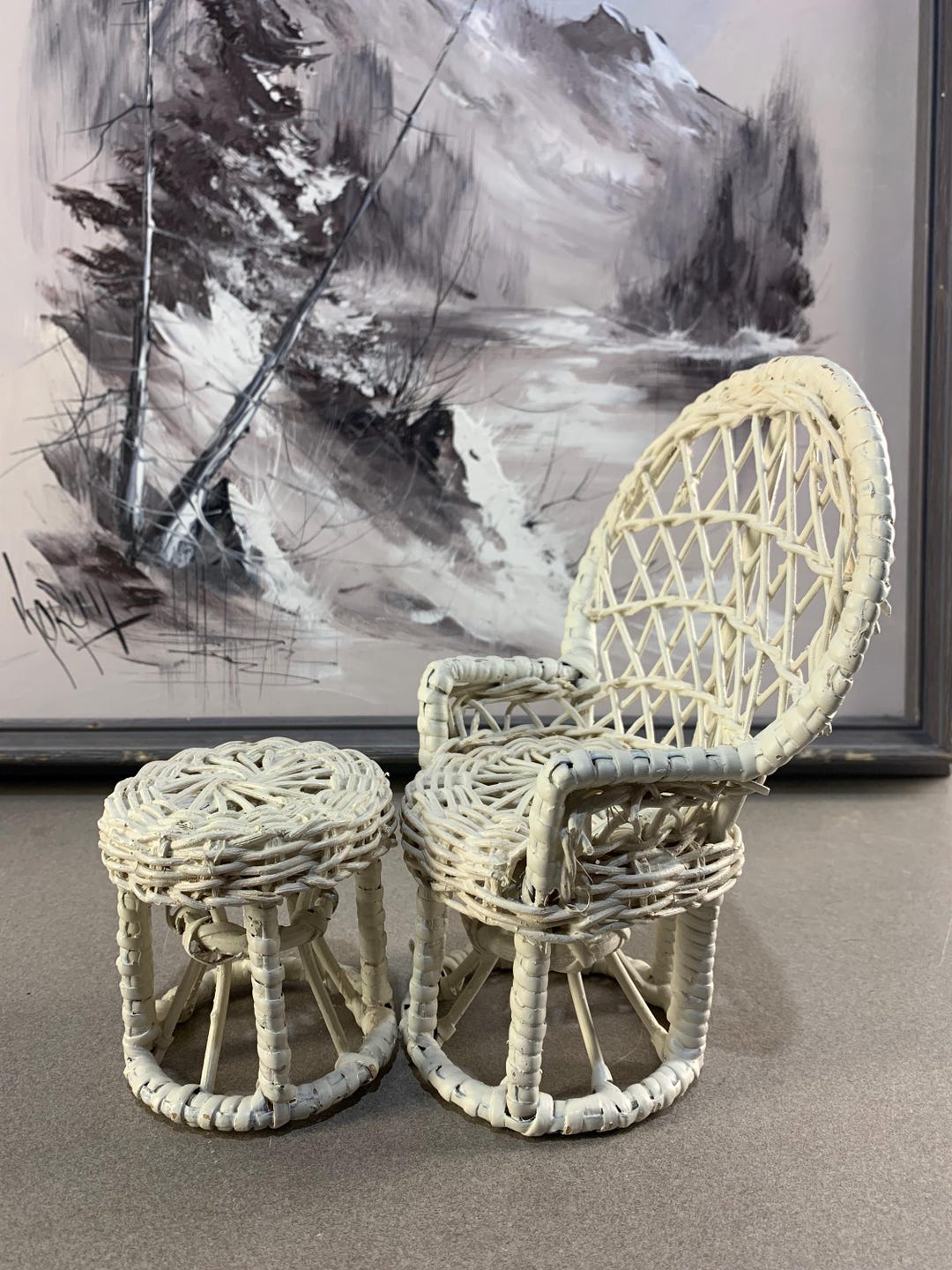 Vintage Miniature Peacock Chair Wicker Doll Chair & Stool | Dollhouse ...