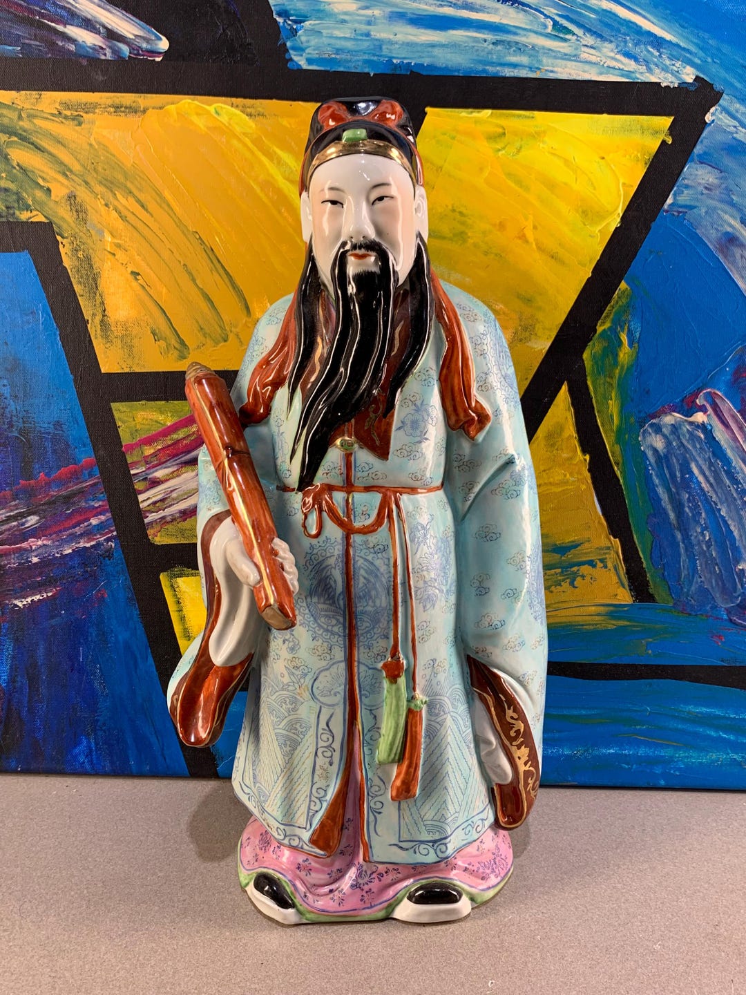 Antique 18" Chinese Fu Statue | Porcelain Hand-painted Feng Shui Decor ...