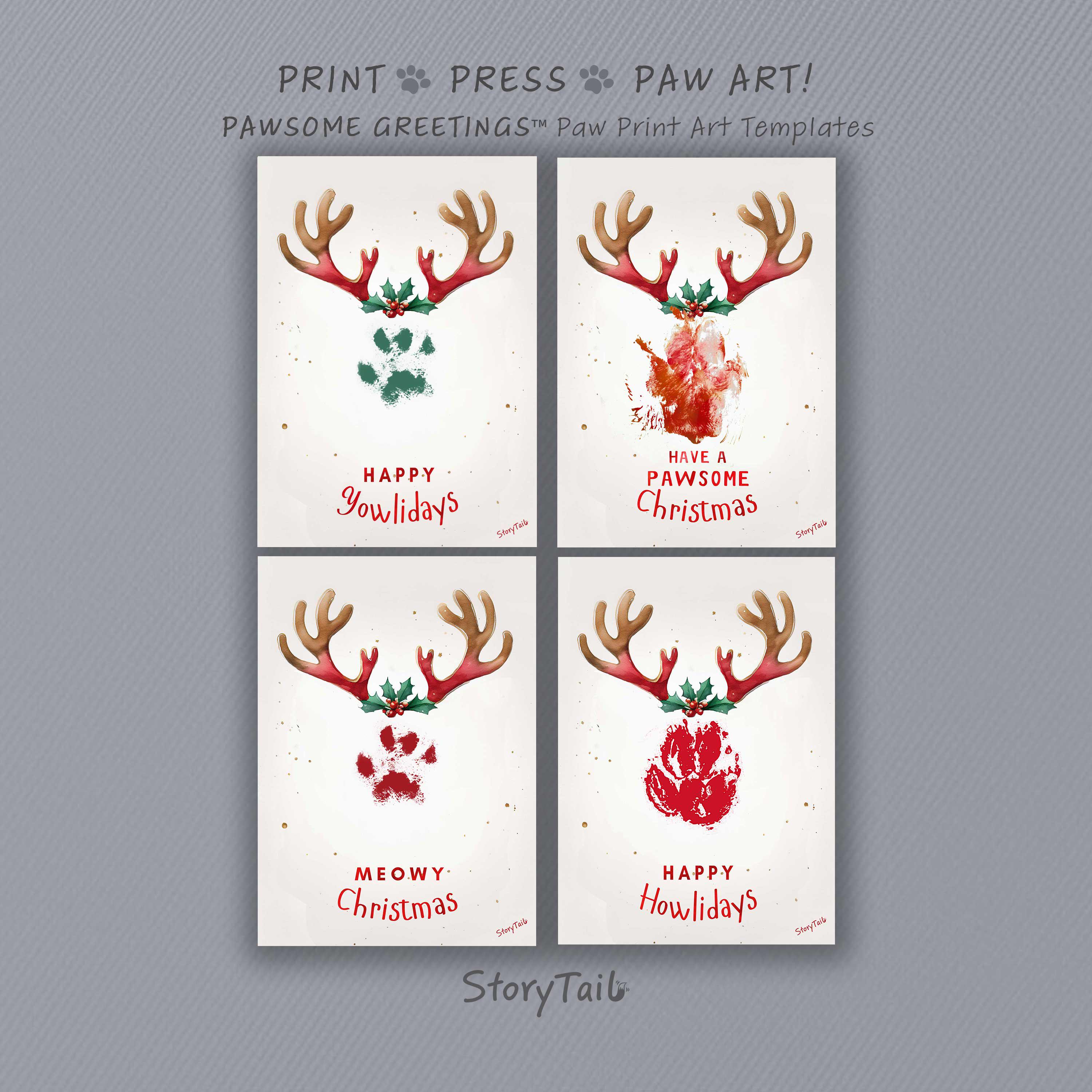 Reindeer Paw Print Card Template Bundle | Christmas Holiday Greeting ...