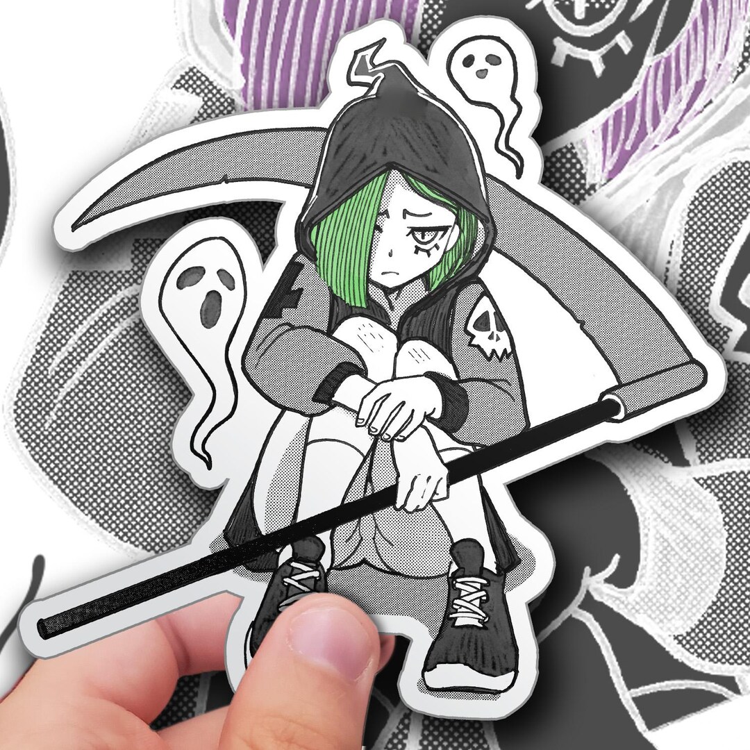 Grim Reaper Girl Sticker | Die-cut Sticker, Emo Goth Character, Green ...