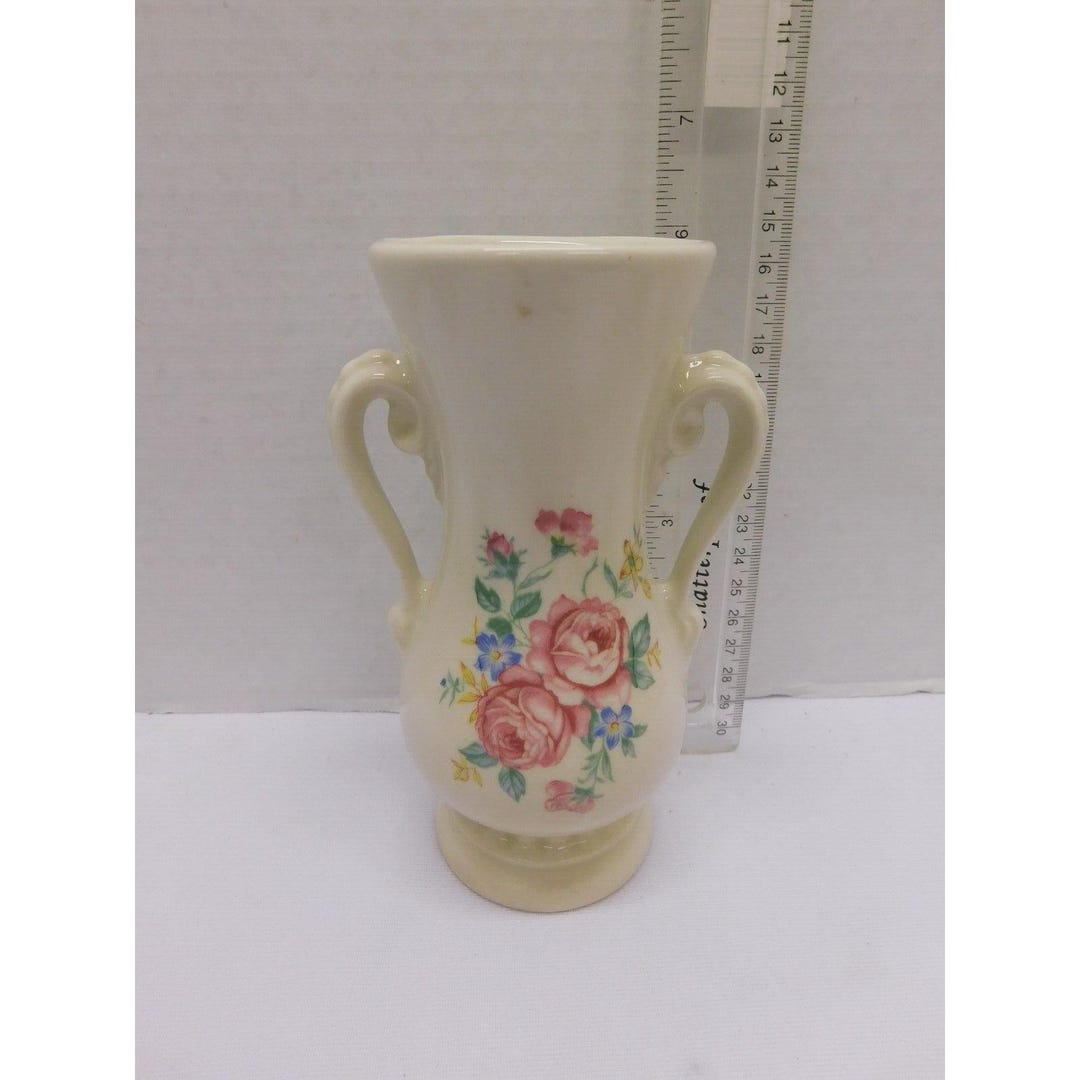 Vintage Royal Copley Small Double Handle Vase White With Floral Design ...