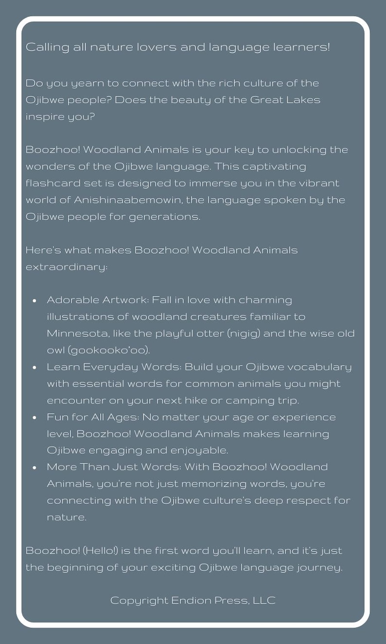 Boozhoo! Woodland Animals Ojibwe / English Learning Flash Card Set ...