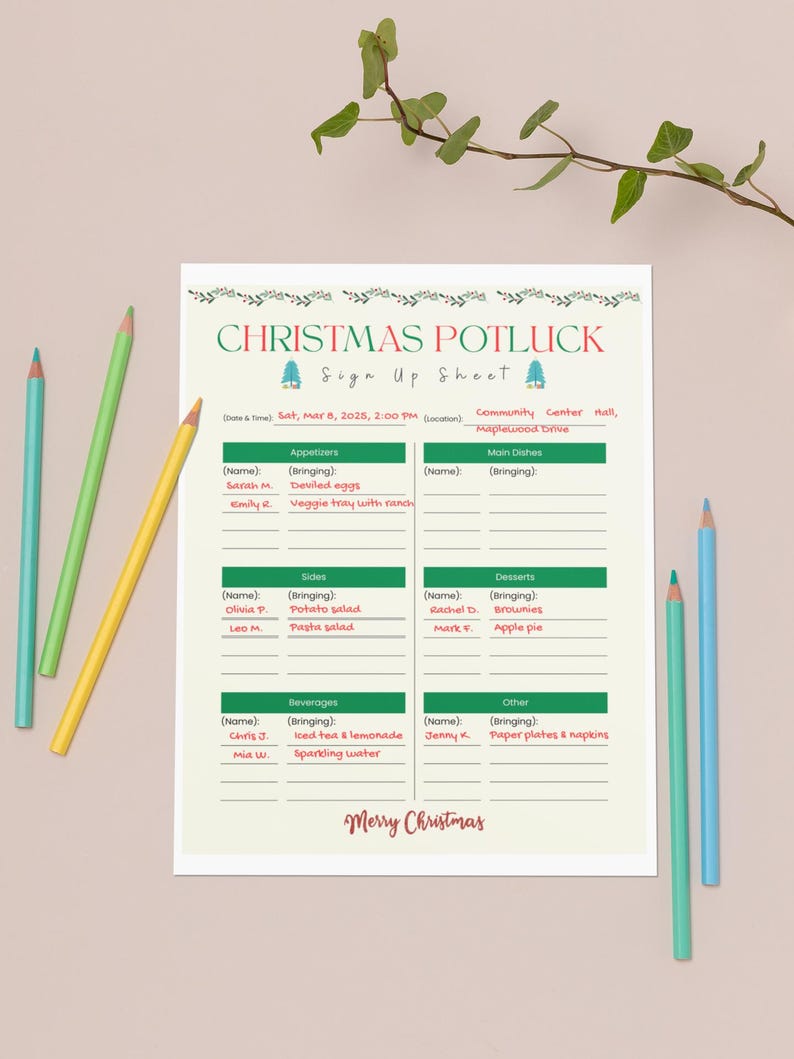 Christmas Potluck Sign up Sheet Holiday Party Planner Event Meal List ...