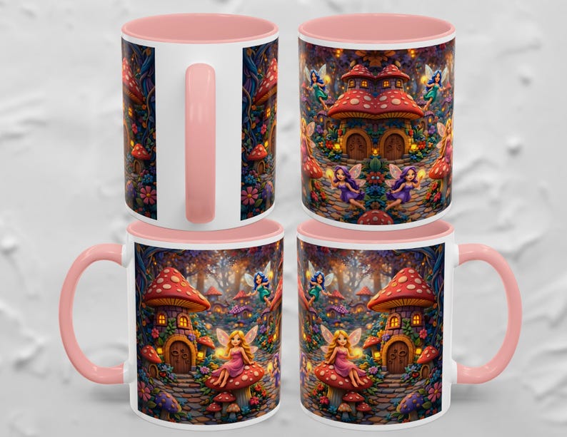 Whimsical Fairy Mushroom Village Mug, Enchanted Forest Art Cup, Magical ...