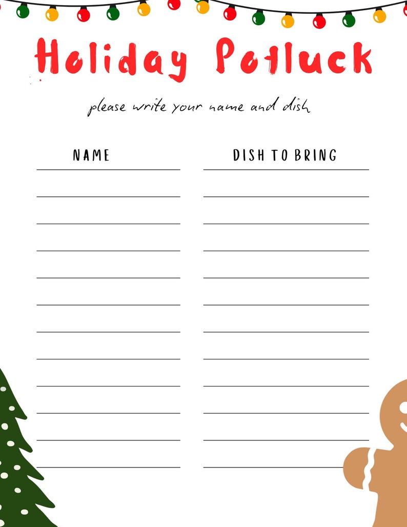 Holiday Potluck Sign up Sheet, Christmas Party Planner Form, Festive ...