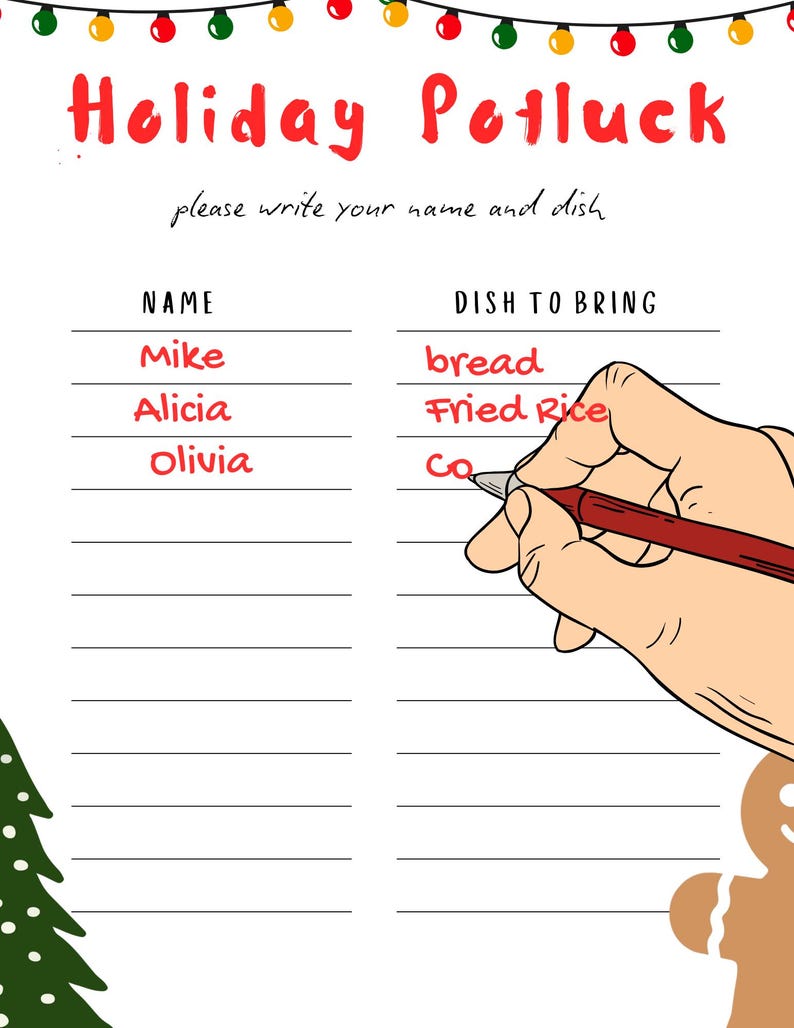 Holiday Potluck Sign up Sheet, Christmas Party Planner Form, Festive ...