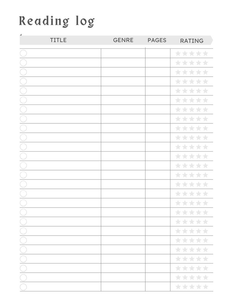 Literature Tracker Log, Title Genre Pages Rating Chart, Minimal Library ...