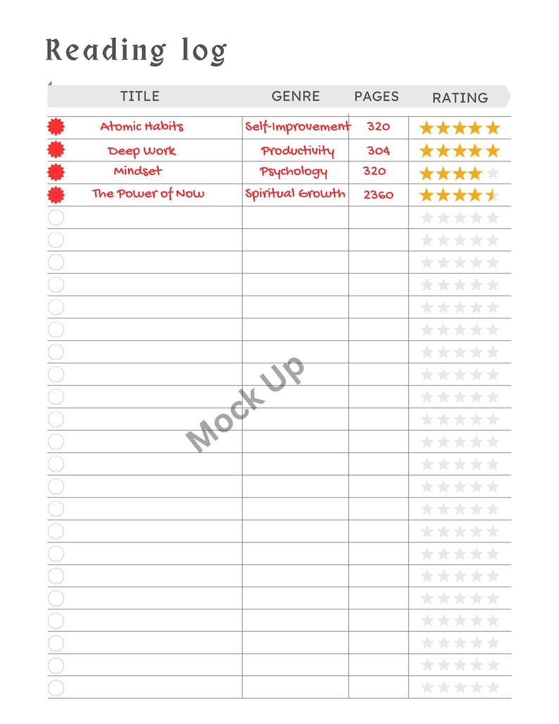 Literature Tracker Log, Title Genre Pages Rating Chart, Minimal Library ...