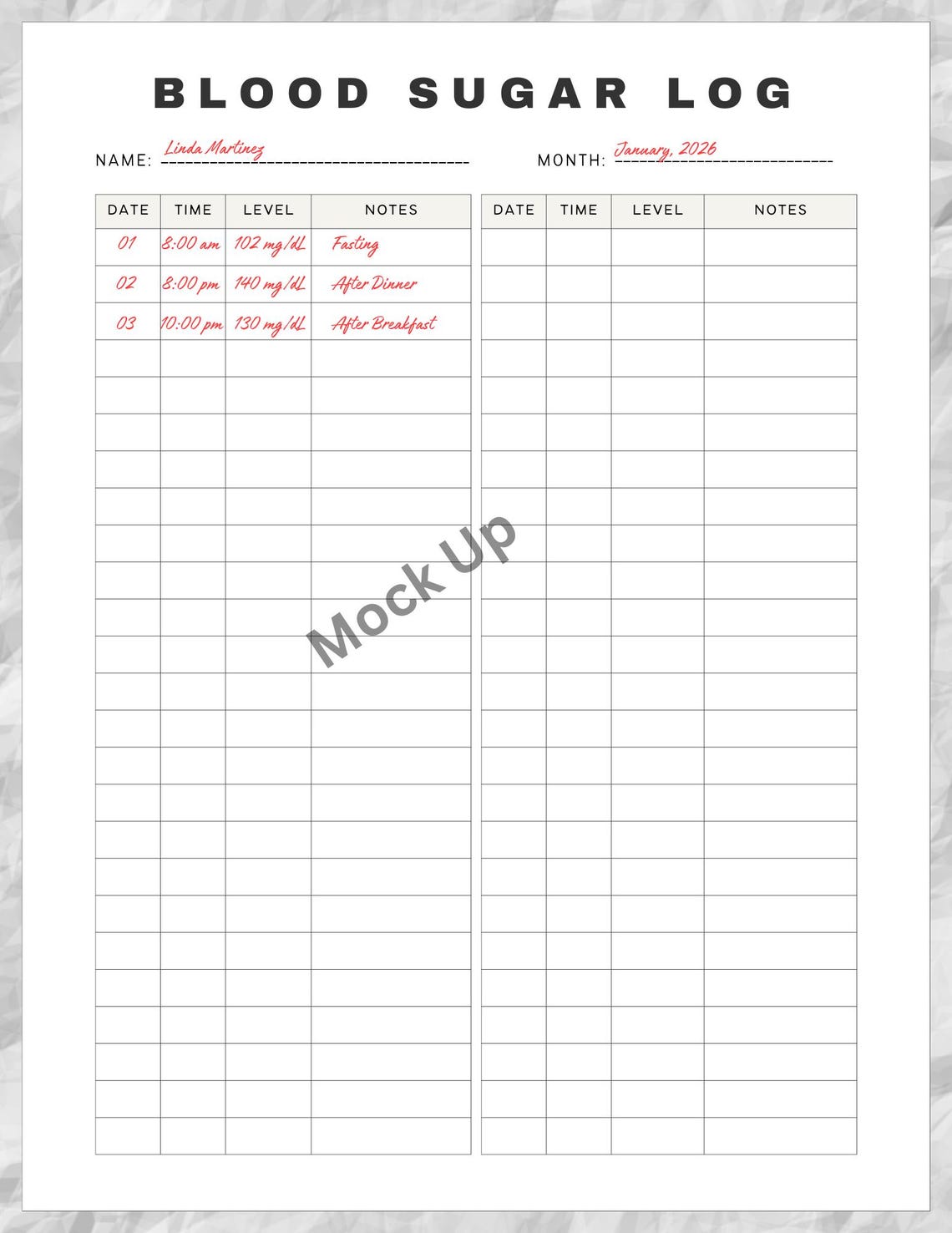 Blood Sugar Log Sheet, Daily Glucose Tracker, Diabetes Monitoring Chart ...