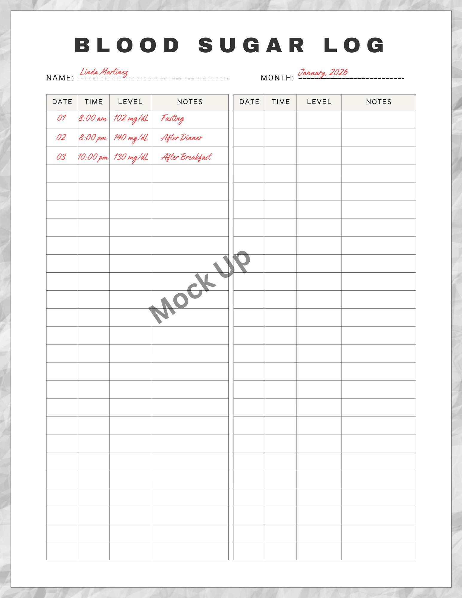 Blood Sugar Log Sheet, Daily Glucose Tracker, Diabetes Monitoring Chart ...