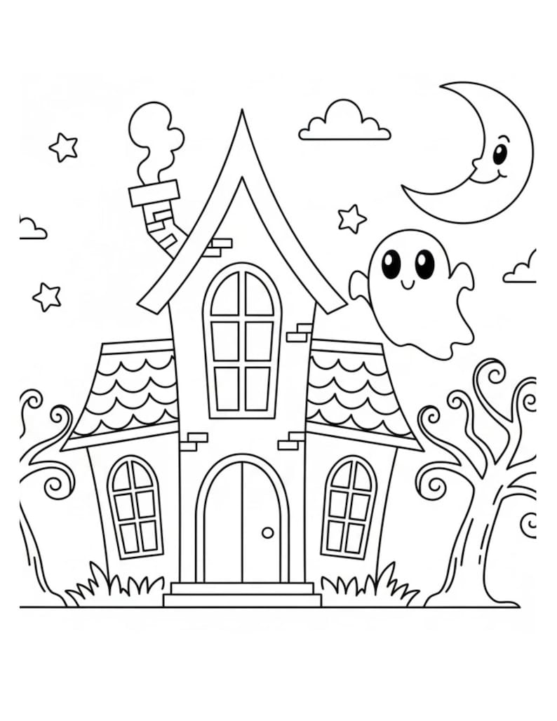Haunted Castle Coloring Page for Kids | Cute Ghost and Spooky Castle ...
