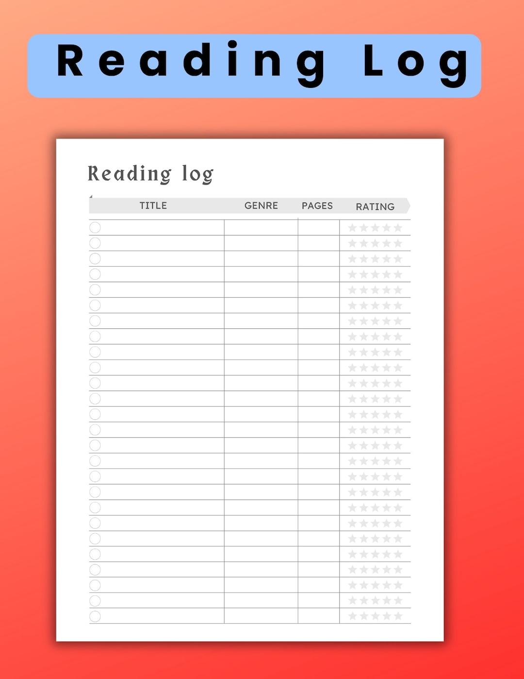 Literature Tracker Log, Title Genre Pages Rating Chart, Minimal Library ...