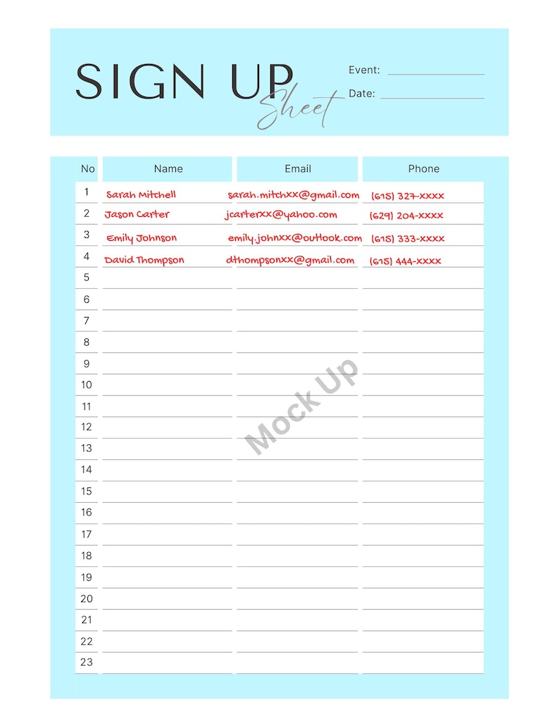 Event Sign up Sheet, Contact List Organizer, Meeting Attendance Tracker ...