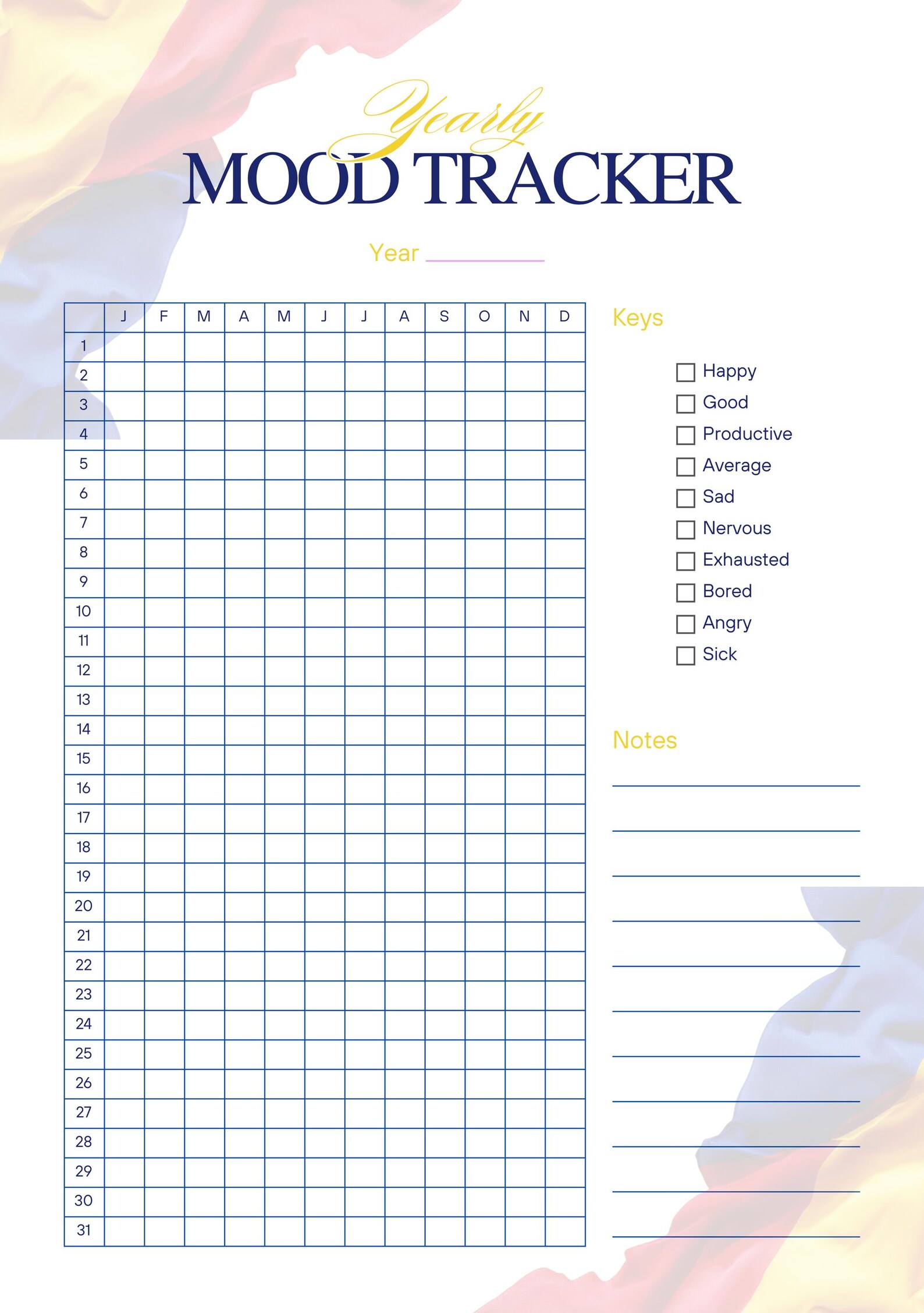 Yearly Mood Tracker Template | Mental Wellness Chart for Daily Feelings ...