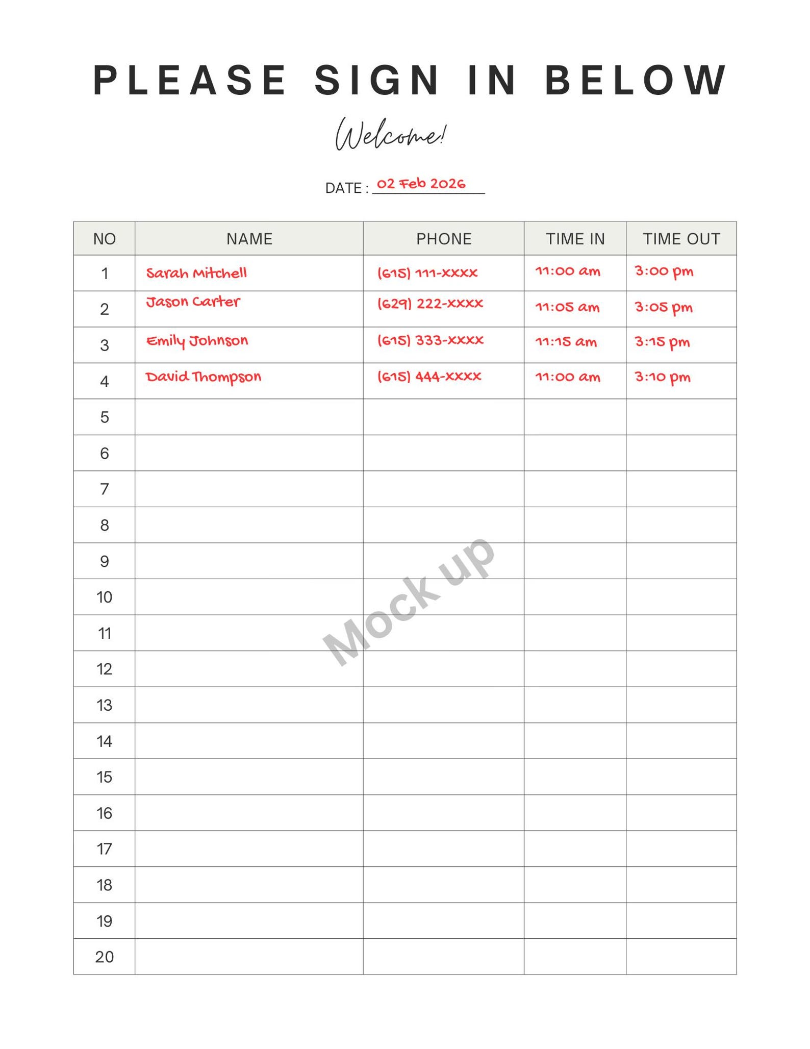 Event Sign in Sheet for Meetings Workshops Training Sessions Classes ...
