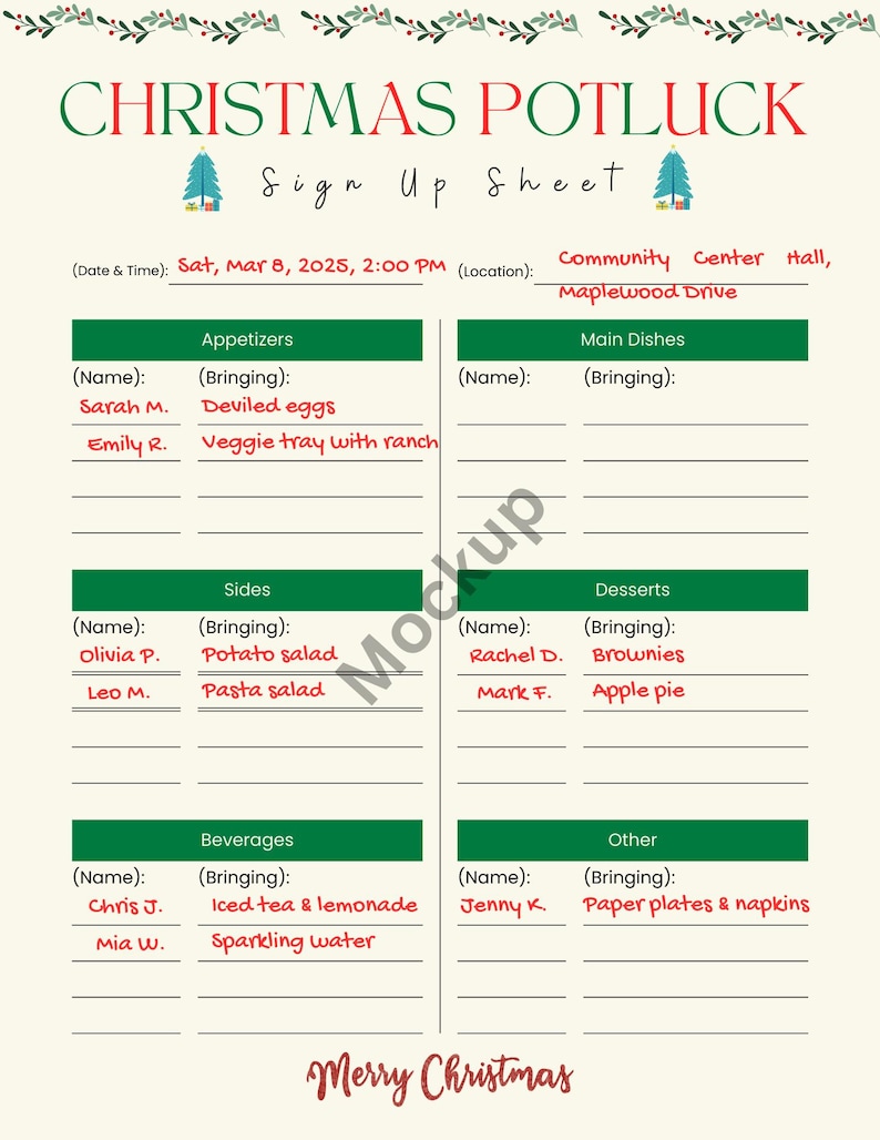 Christmas Potluck Sign up Sheet Holiday Party Planner Event Meal List ...