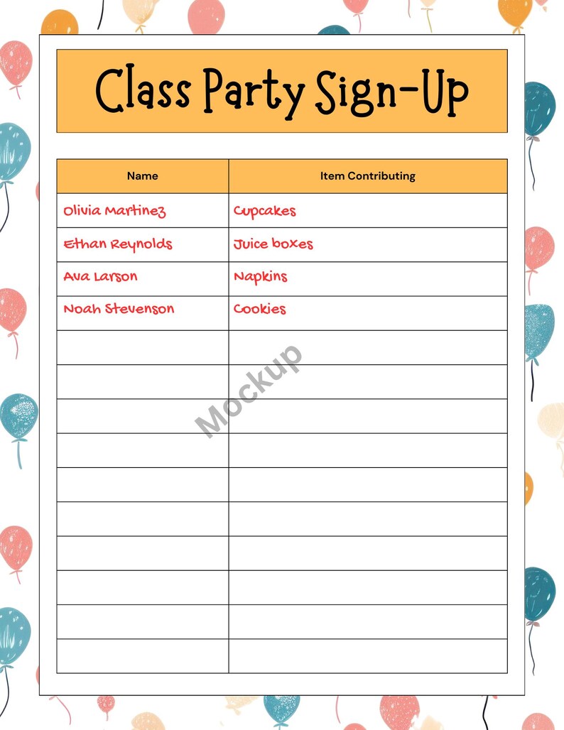 Class Party Sign up Sheet, Classroom Celebration Planner, Teacher ...