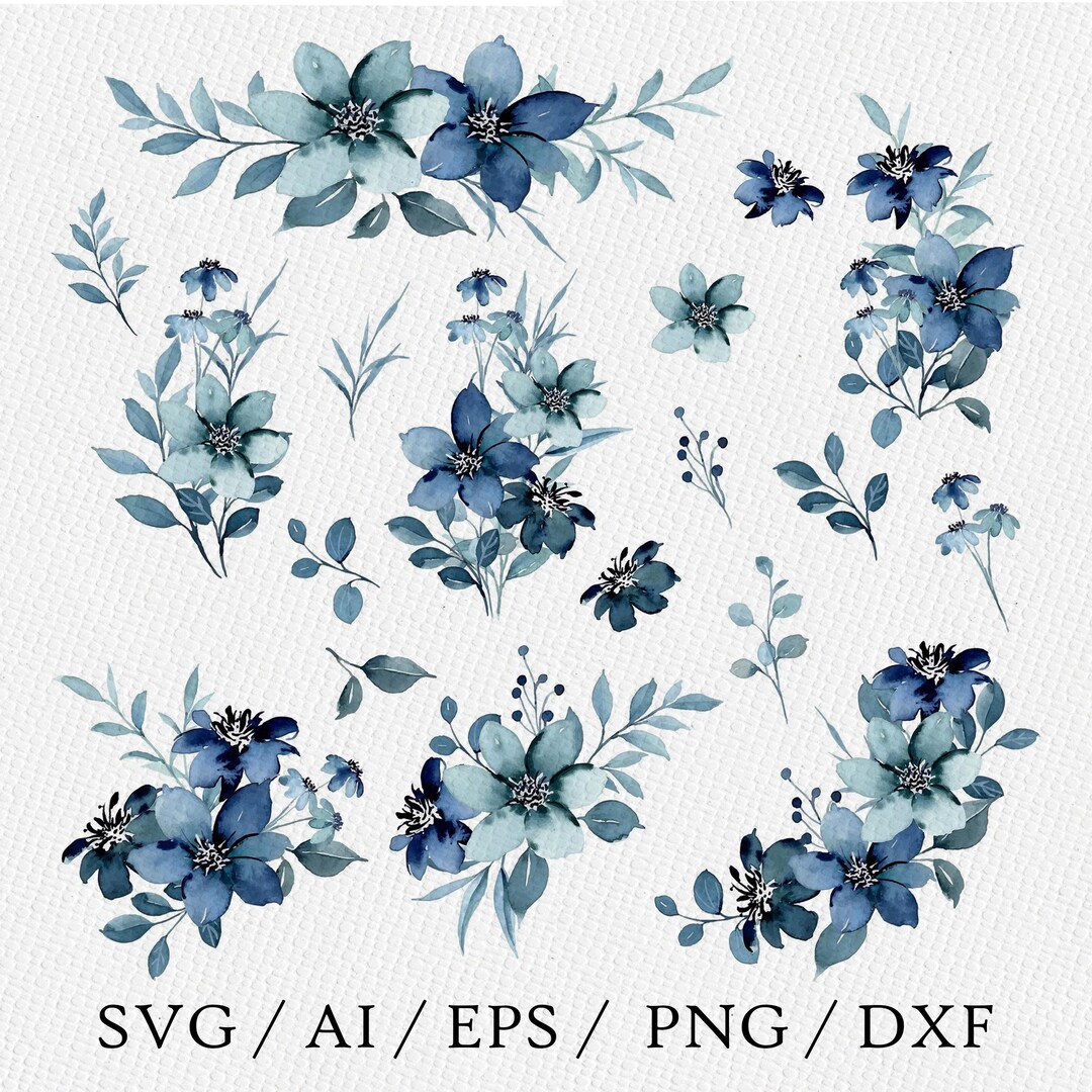 Blue Watercolor Flower Clipart Set | Floral PNG Bundle (digital ...