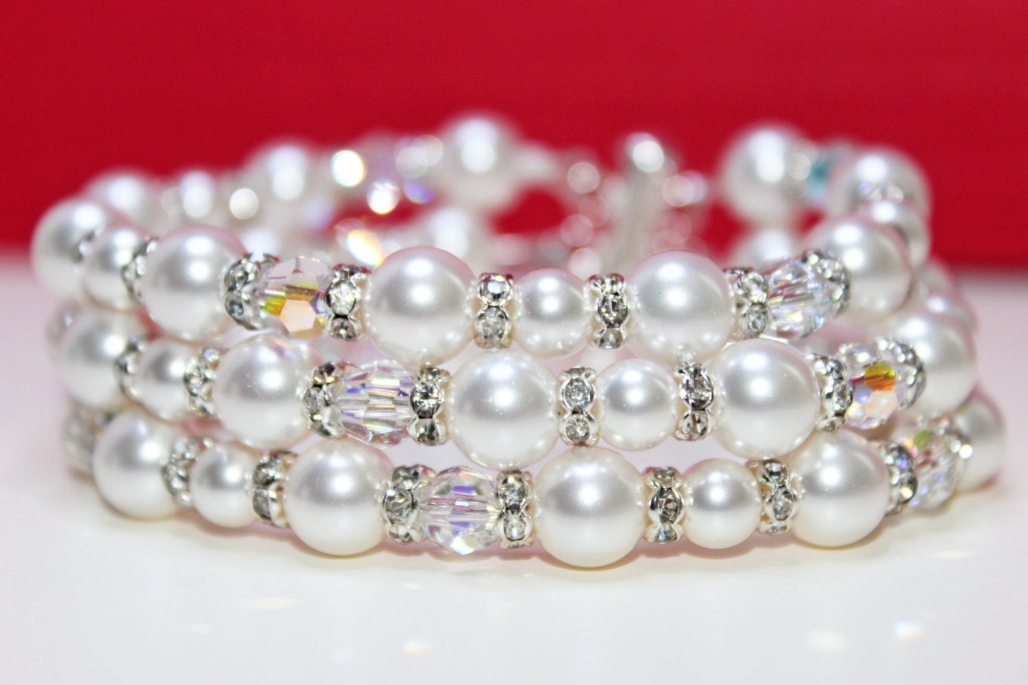 Crystal Cuff Bracelet, Swarovski Pearls Crystals, 3 Strand Cuff ...