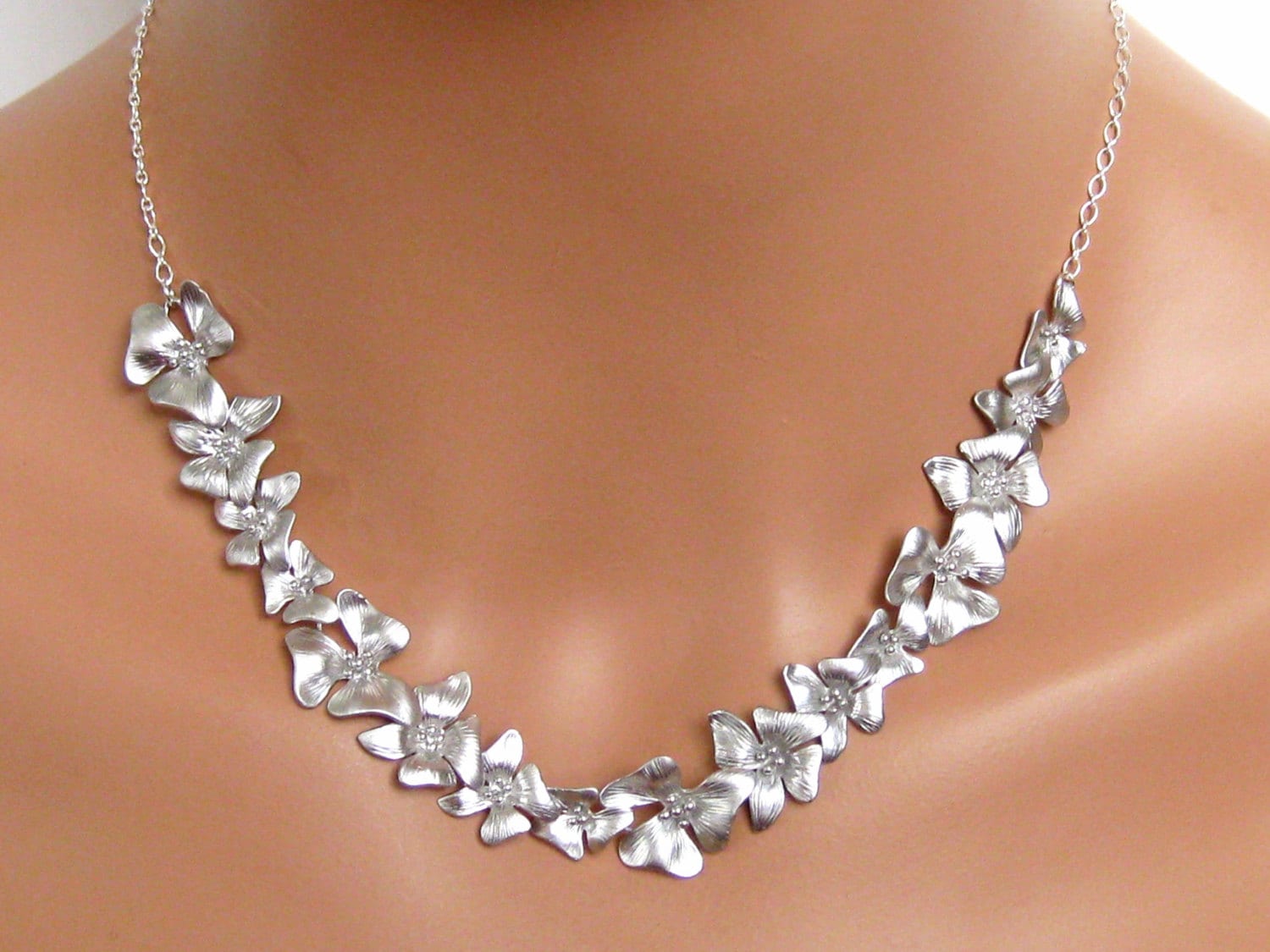 Matte Silver Flower Bridal Necklace, Sterling Silver Wedding Jewelry ...
