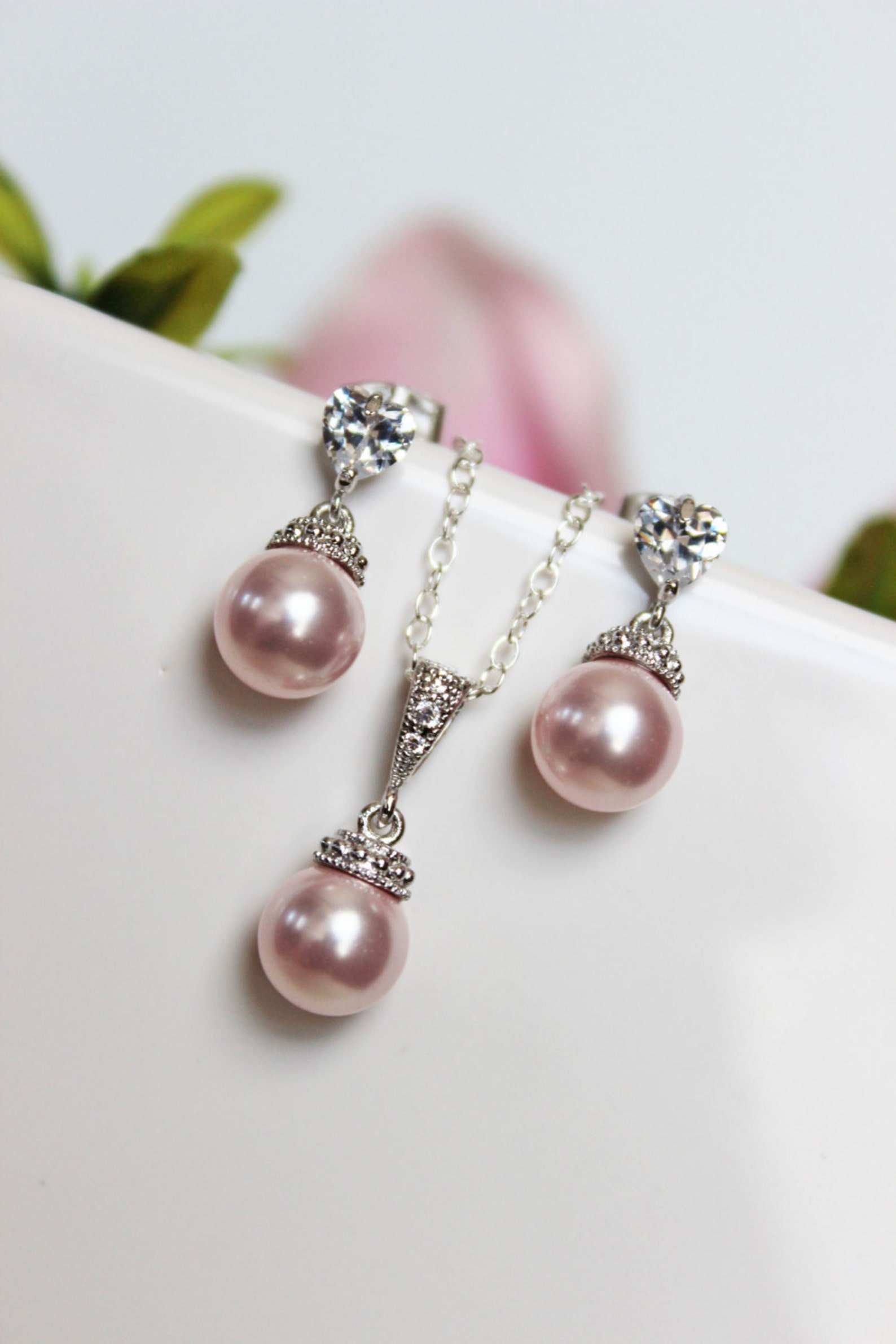 Pink Pearl Flower Girl Jewelry Set, Pink Pearl Pendant and Pearl Drop ...