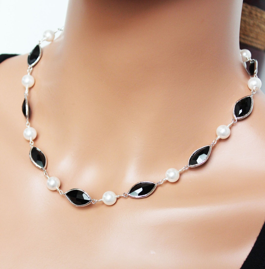 Jet Crystal Bridal Necklace, Black Wedding Necklace With Pearl, Mother ...
