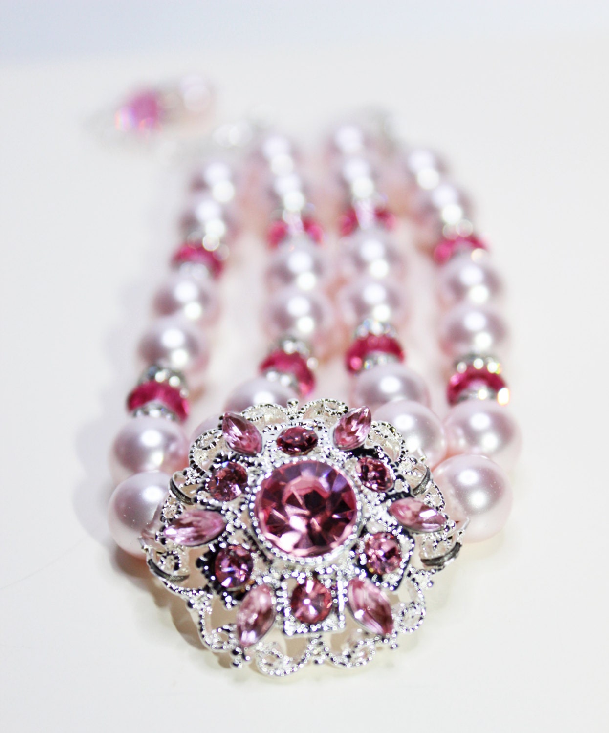 Light Pink Rhinestone Wedding Bracelet, Crystal Pink Pearl Bridal ...