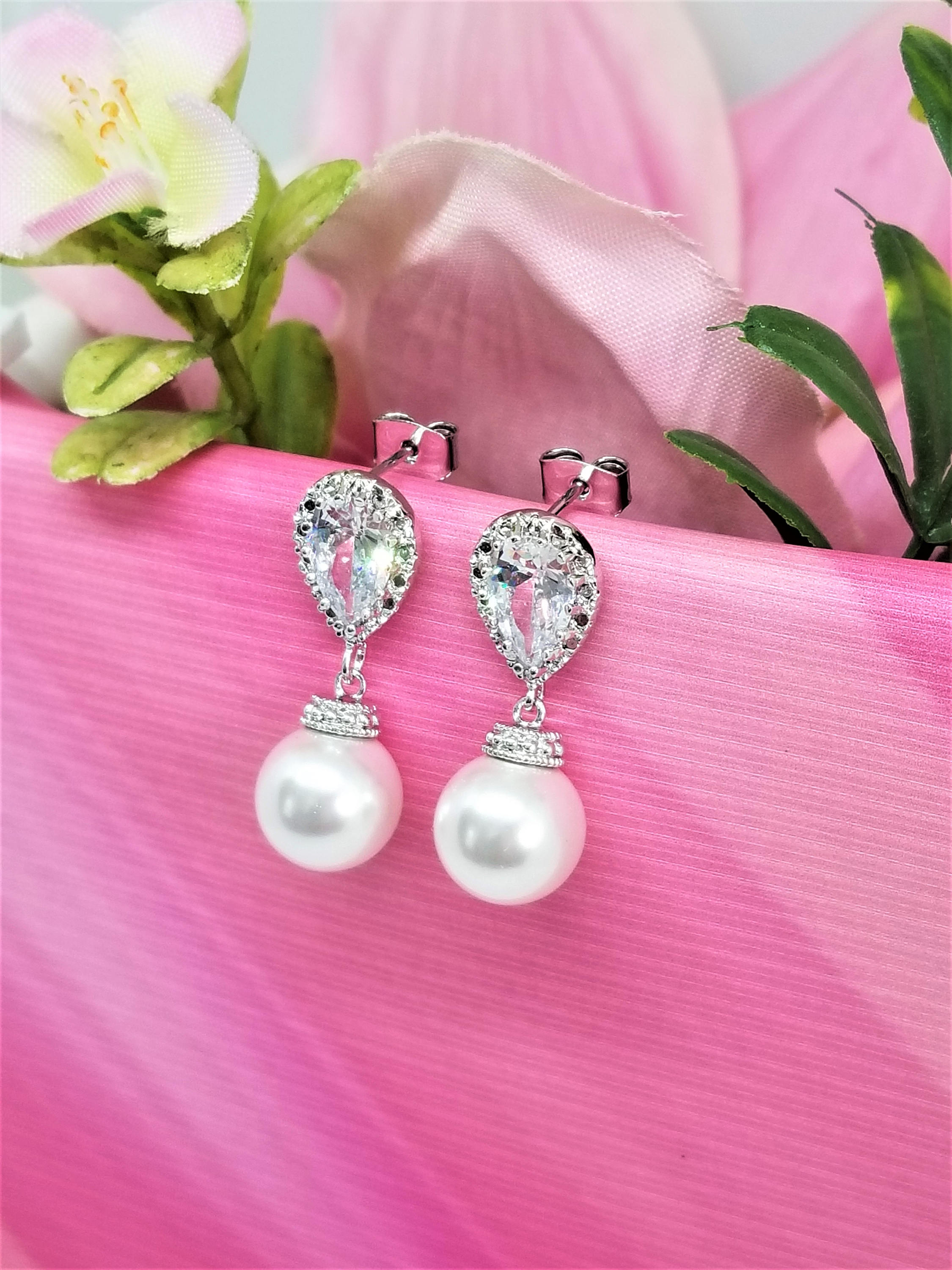 Pearl Drop Wedding Earrings, Cubic Zirconia Bridal Earrings, Simple ...