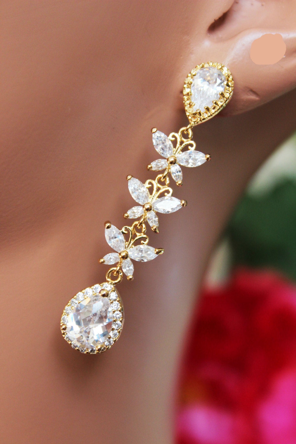 Cubic Butterfly Wedding Earrings, Gold Crystal Drop Bridal Earrings ...