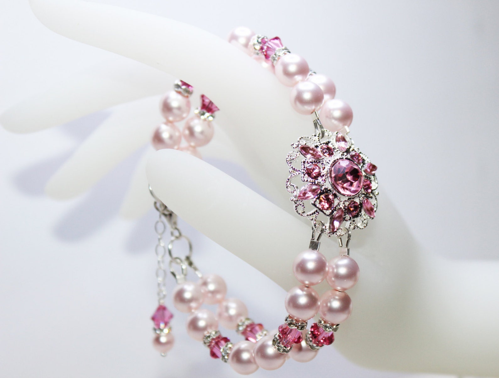 Light Pink Rhinestone Wedding Bracelet, Crystal Pink Pearl Bridal ...