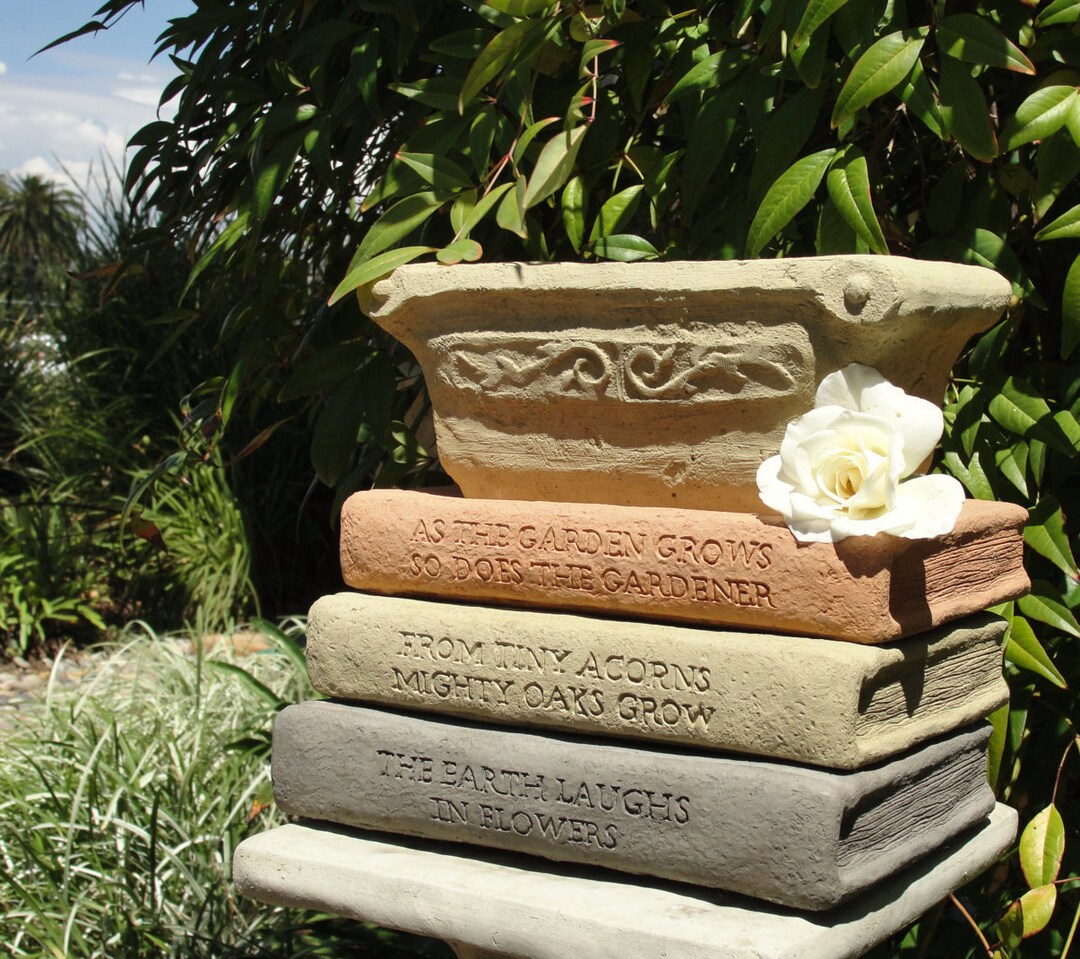 LIBRARY PLANTER title & Color Options: Solid Stone Book Saucers W/ Herb ...
