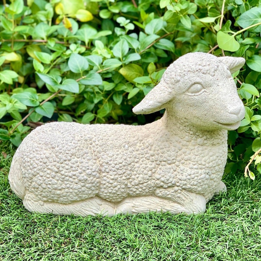 VINTAGE LAYING LAMB: Durable Solid Stone Sheep Statue. Unique Home ...