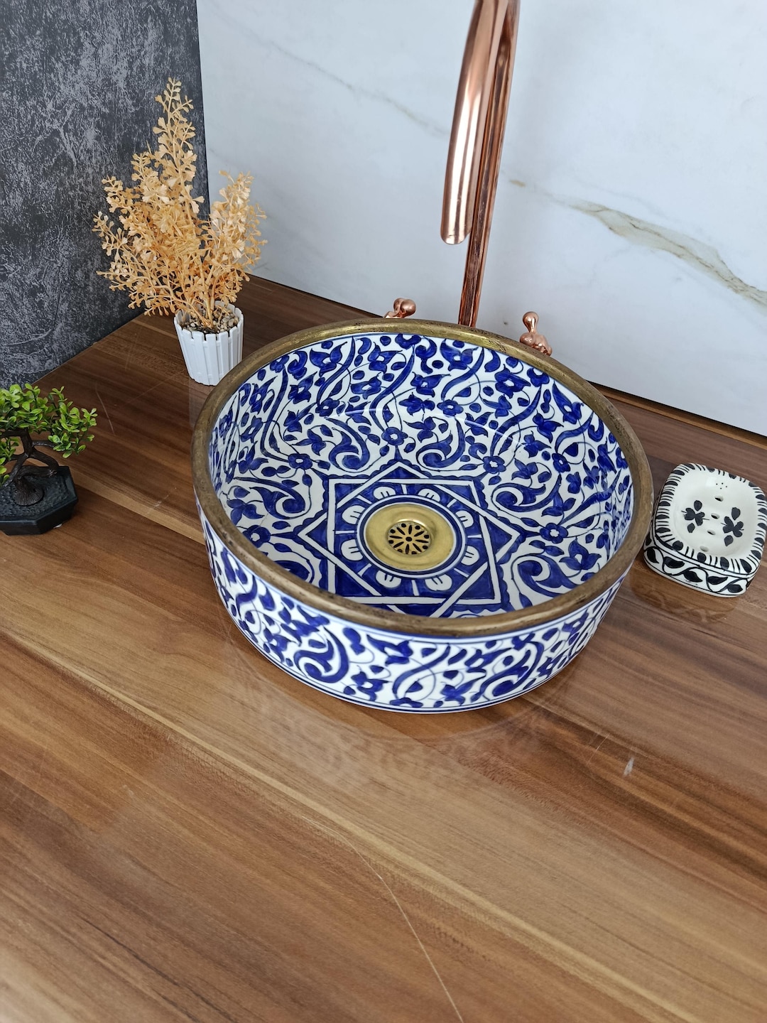 Moroccan Hand-painted Ceramic Sink – Vessel Basin With Brass Rim ...