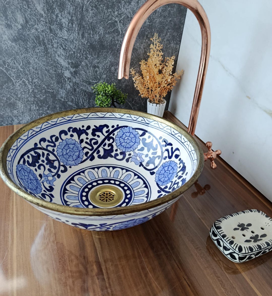 Moroccan Hand-painted Ceramic Sink – Vessel Basin With Brass Rim ...