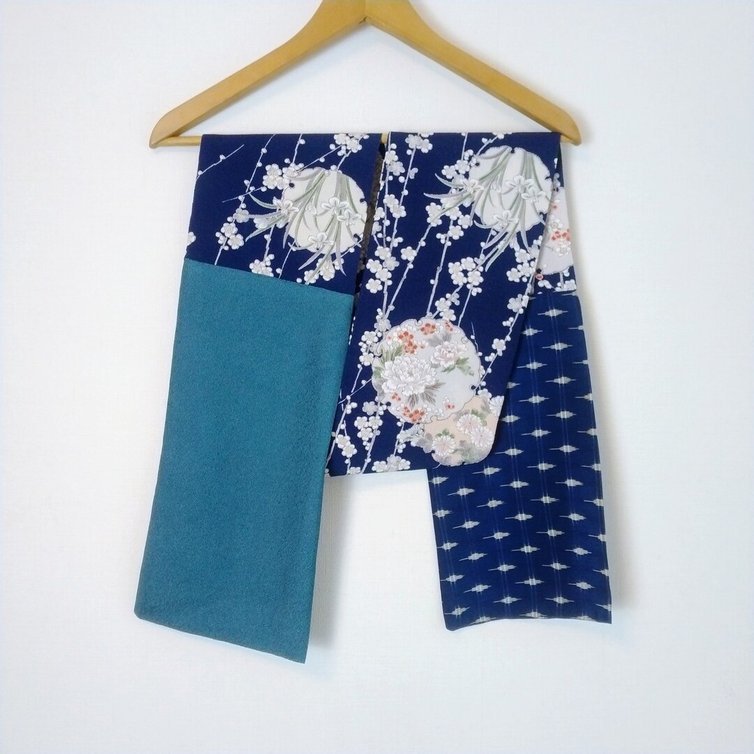 Blue Patchwork Silk Scarf for Women, Japanese Kimono Fabric, Skinny Silk Scarf - Etsy