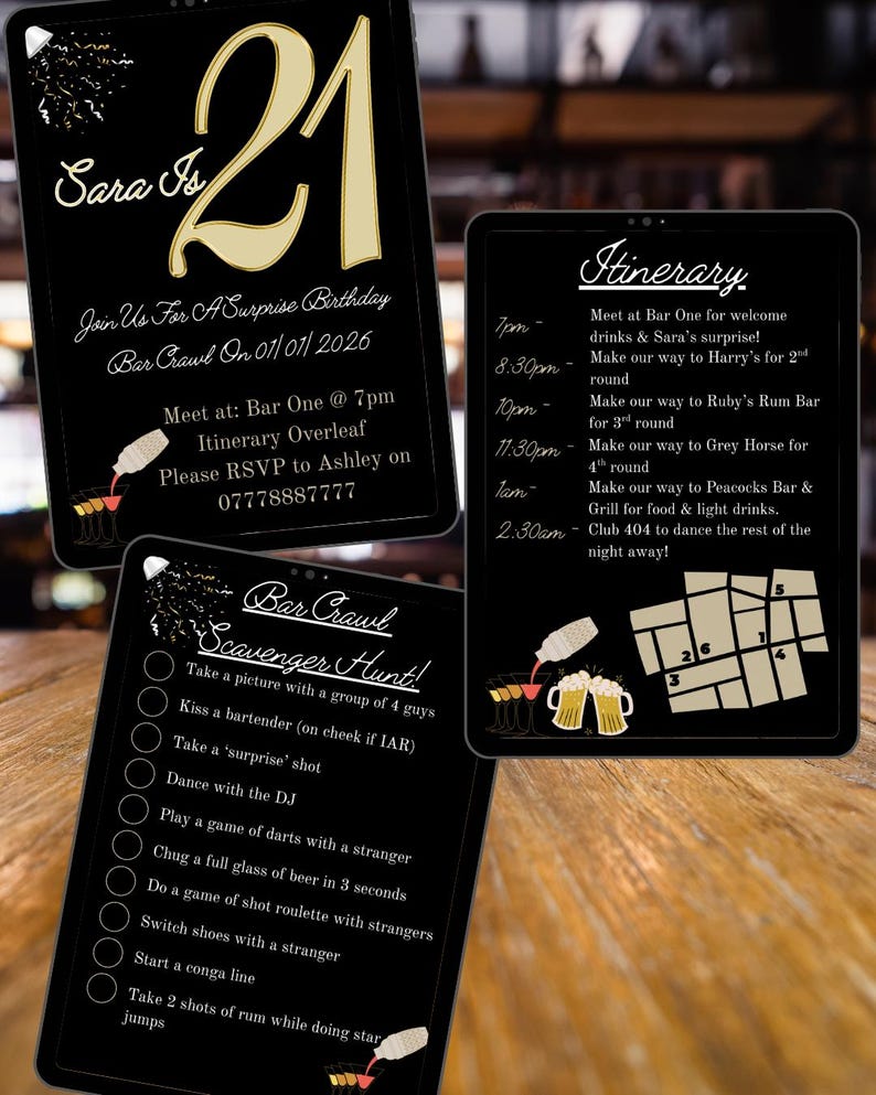 21st Birthday Bar Crawl Theme Invitation, Itinerary & Scavenger Hunt ...