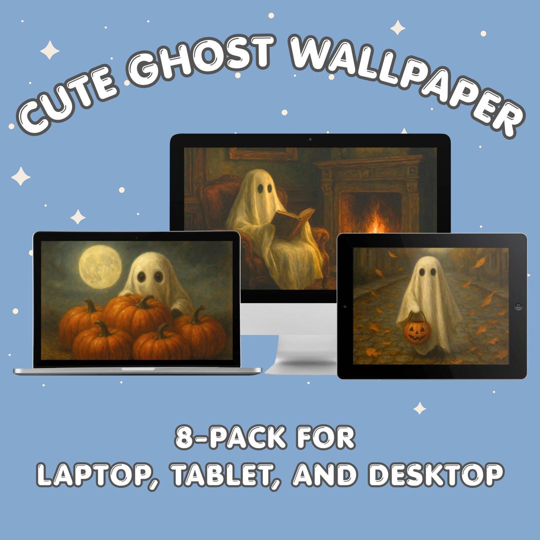 Cute Ghost Computer Wallpaper Bundle – 8 Oil Painting Style Digital ...