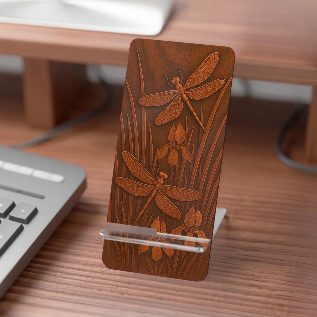 Dragonfly Phone Stand - Rosewood-style Carving Printed Design, Nature ...
