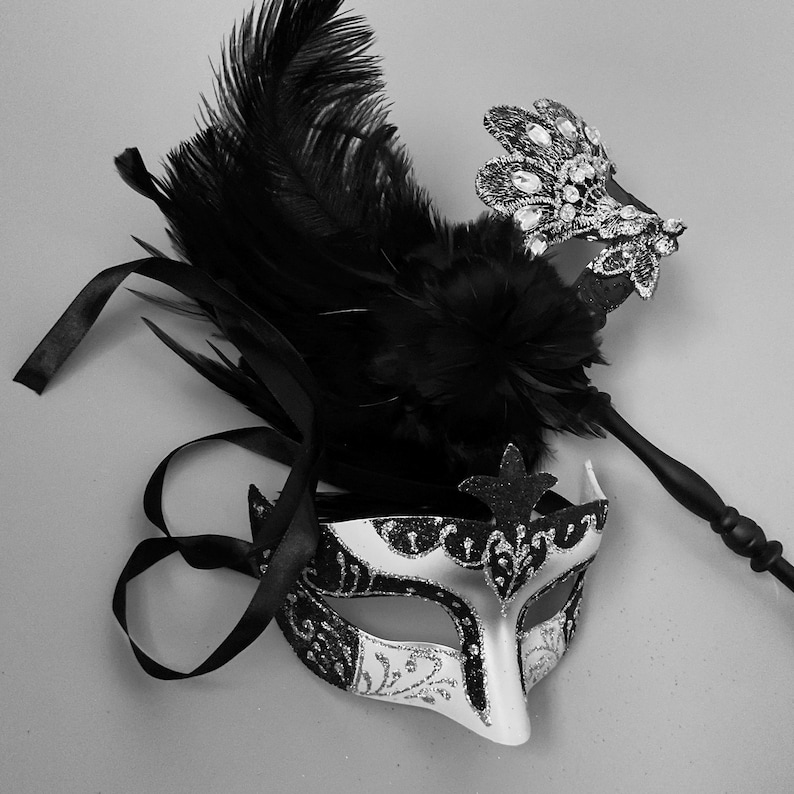 Black Silver Masquerade Feather Mask With Handle Stick Silk Floral ...