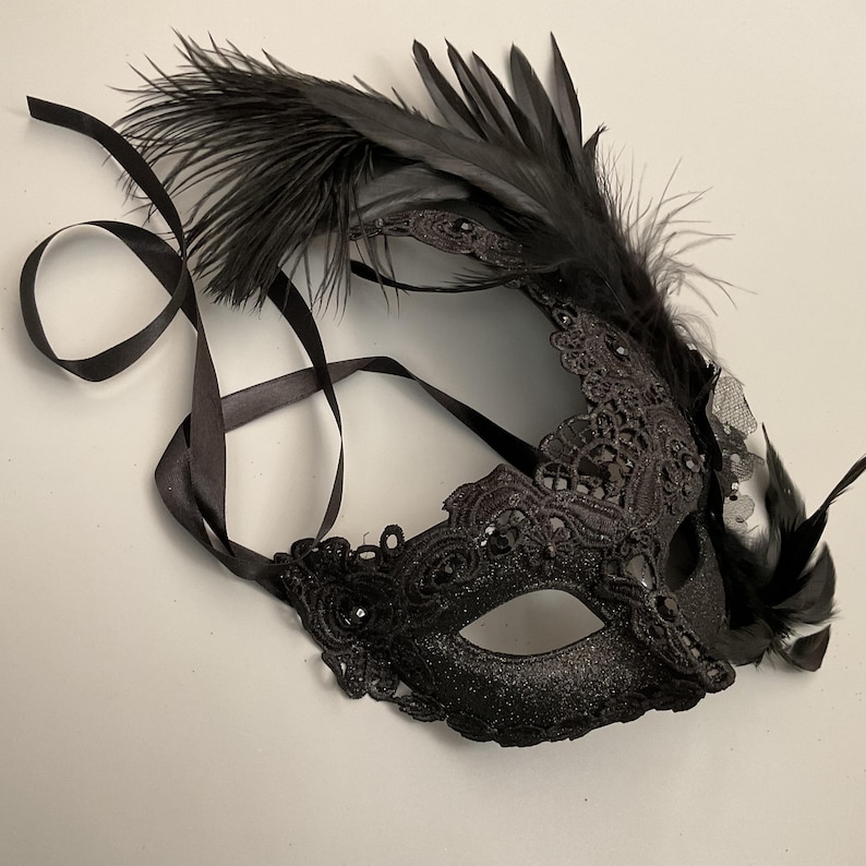 Black Lace Feather Masquerade Mask Pair: Floral Rhinestone Stick Mask ...