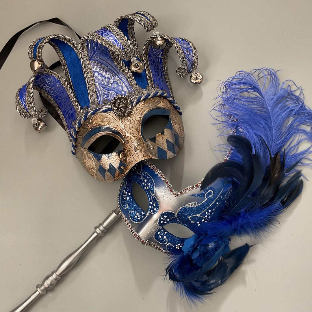 Harlequins Silver Blue Masquerade Feather Jolly Jester Mask: Classic ...