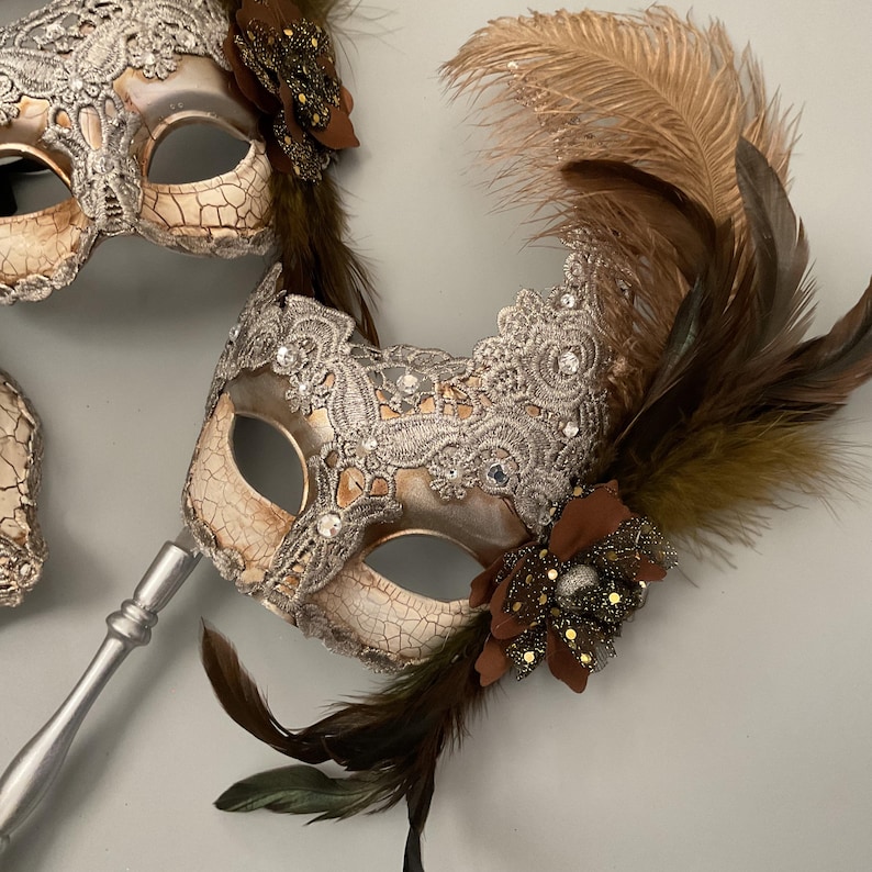 Beige Gray Masquerade Feather Mask With Handle Stick for Women Girls ...