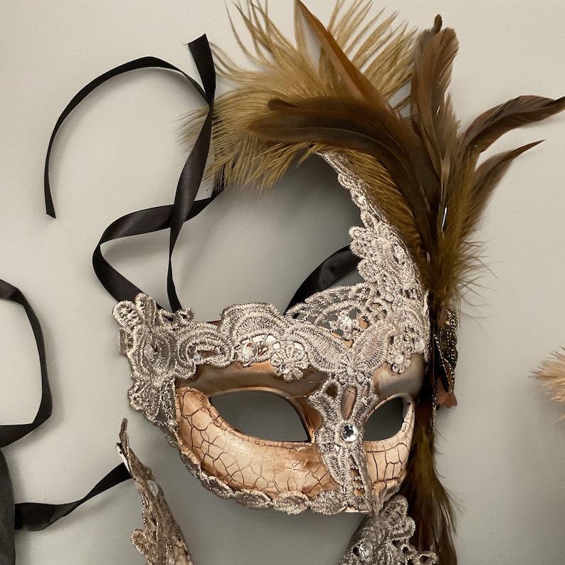 Beige Gray Masquerade Feather Mask With Handle Stick for Women Girls ...