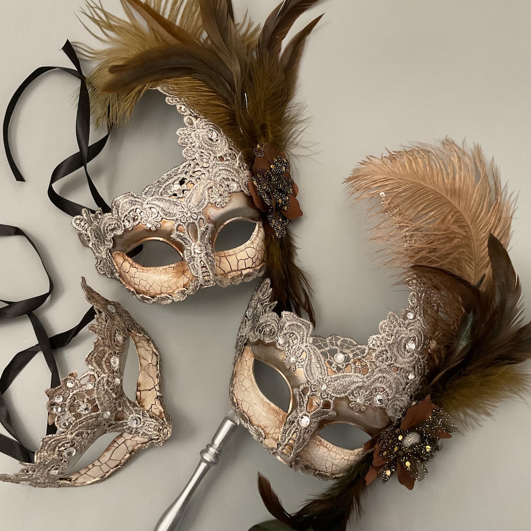 Beige Gray Masquerade Feather Mask With Handle Stick for Women Girls ...